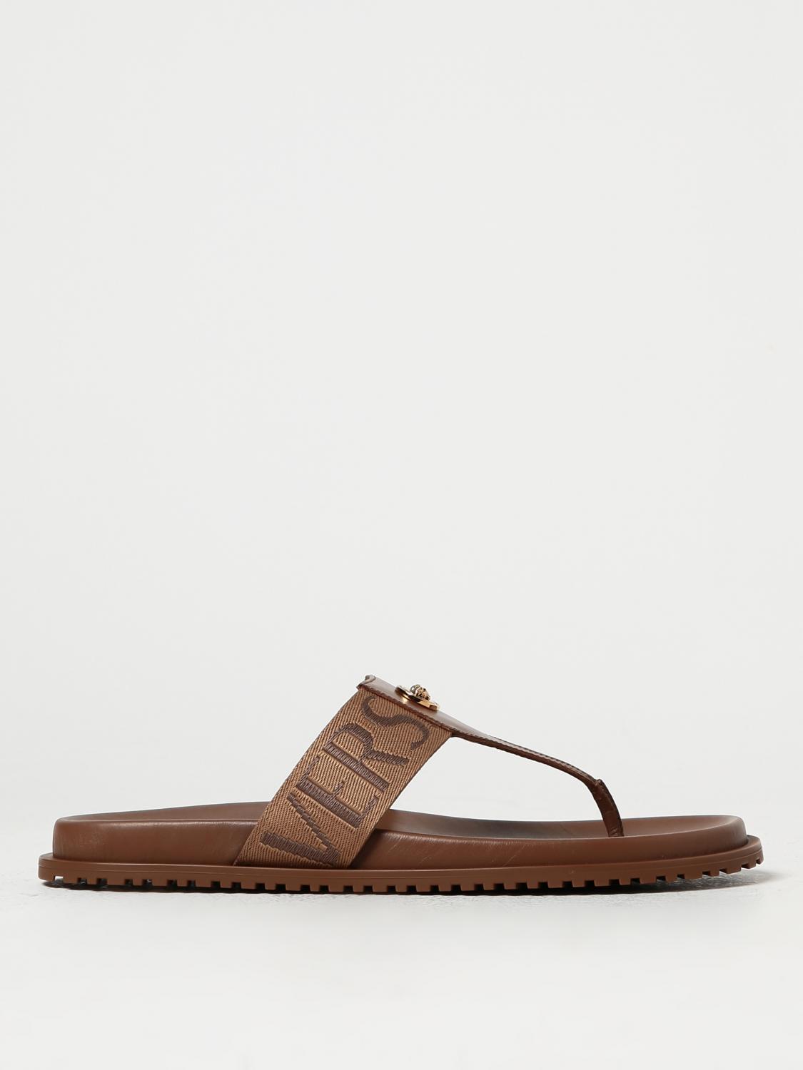 VERSACE: flip flops in leather and fabric - Beige | Versace sandals ...
