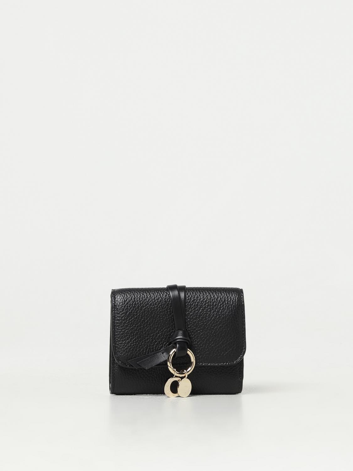 CHLOÉ: Chloé wallet in grained leather with logo charm - Black | Chloé ...