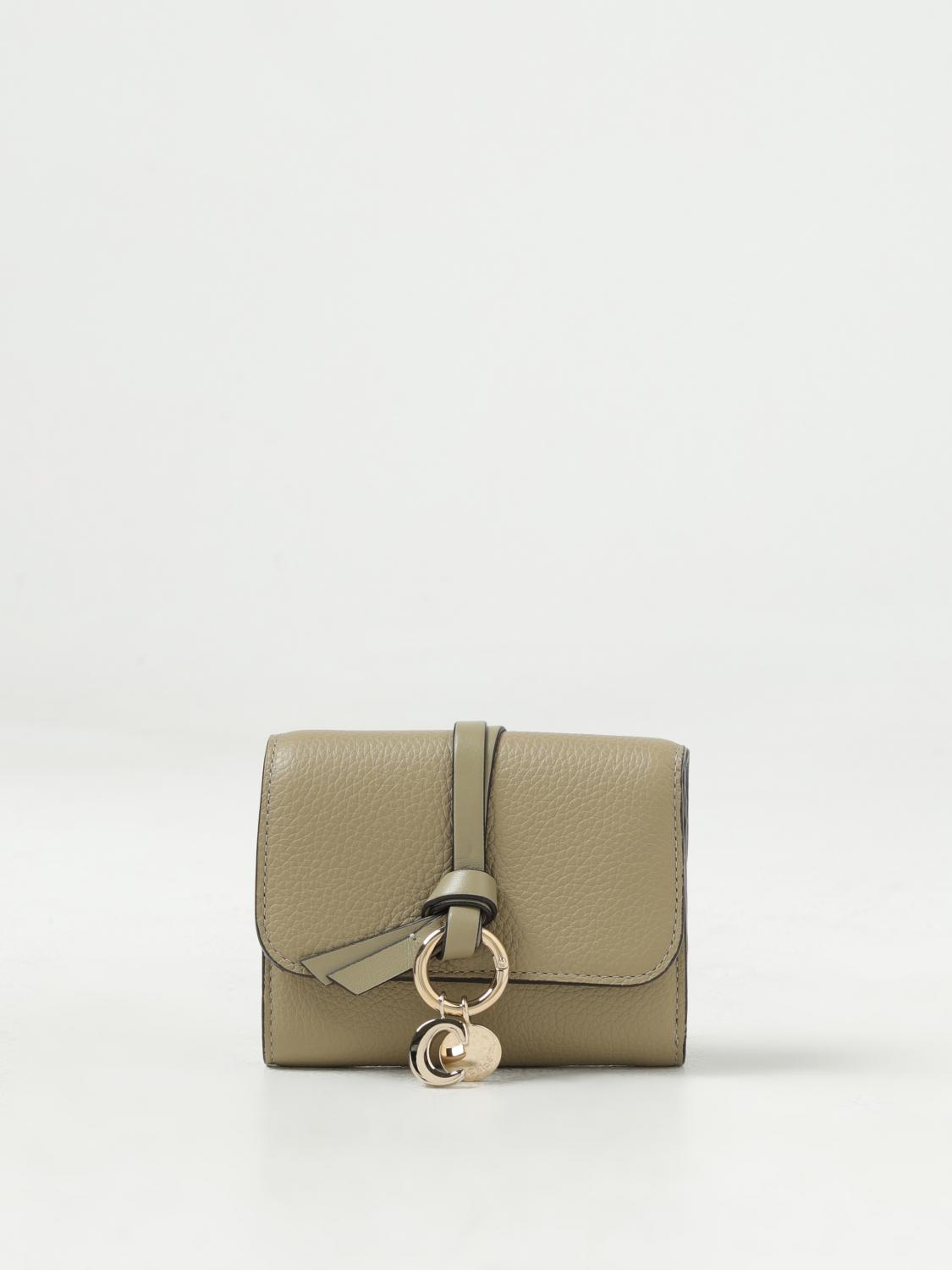 CHLOÉ: Chloé wallet in grained leather with logo charm - Green | Chloé ...