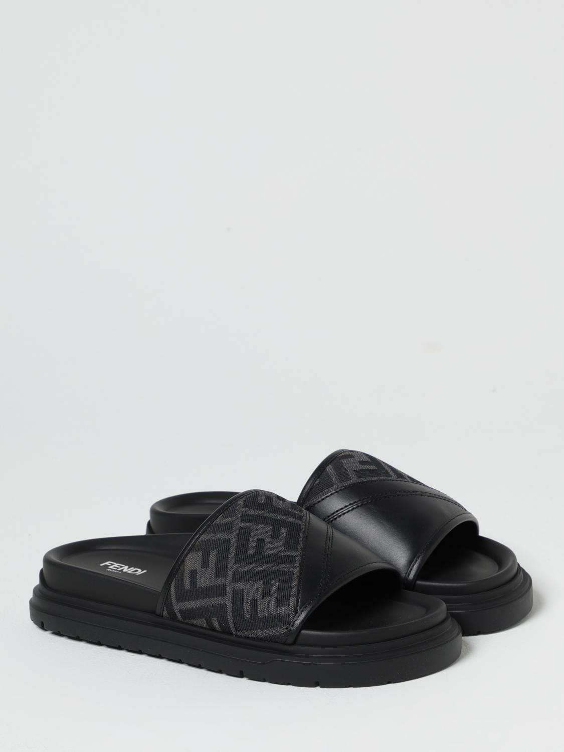 Fendi Sliders in pelle e tessuto con monogram FF jacquard - Nero ...