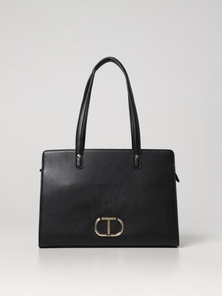 TWINSET: bag in faux leather with metal monogram - Black | Twinset tote ...