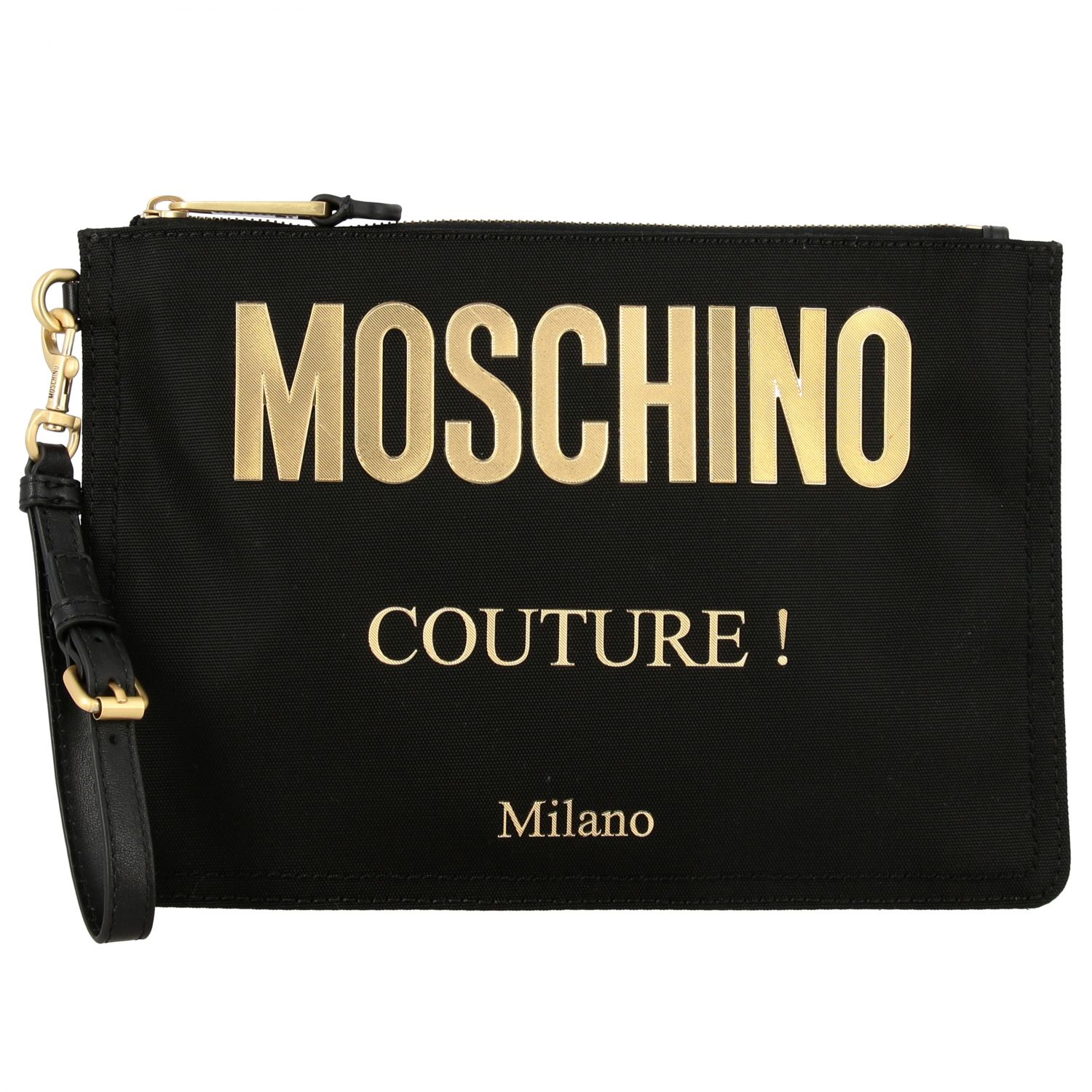 Moschino Couture Outlet: canvas clutch with laminated logo - Black ...