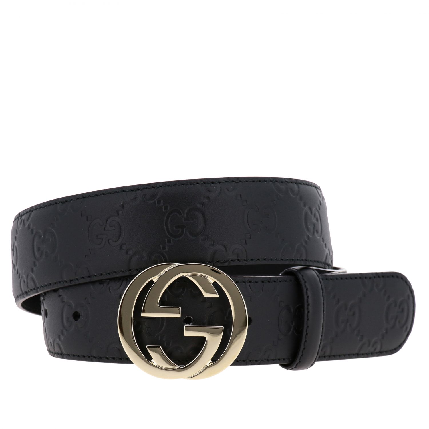 GUCCI Leather Belt With GG Buckle And All Over Embossed Logo Black
