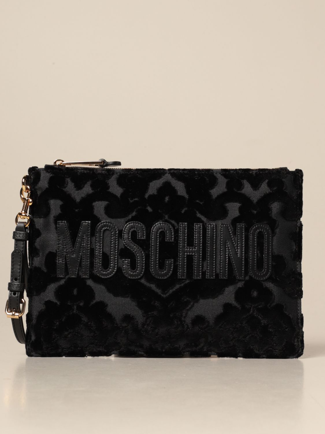 MOSCHINO COUTURE: brocade clutch bag with logo - Black | Clutch ...