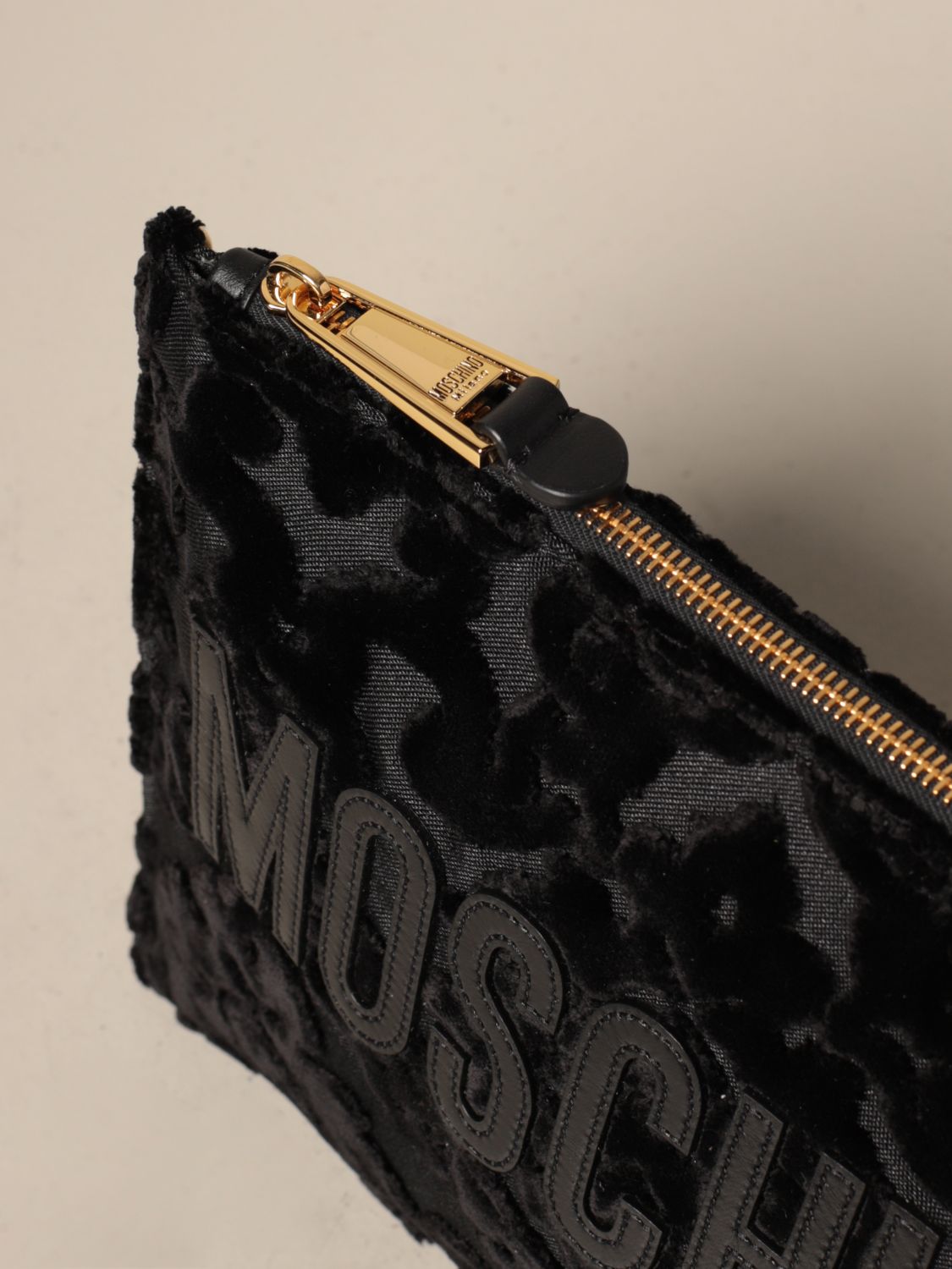 MOSCHINO COUTURE: brocade clutch bag with logo - Black | Clutch ...