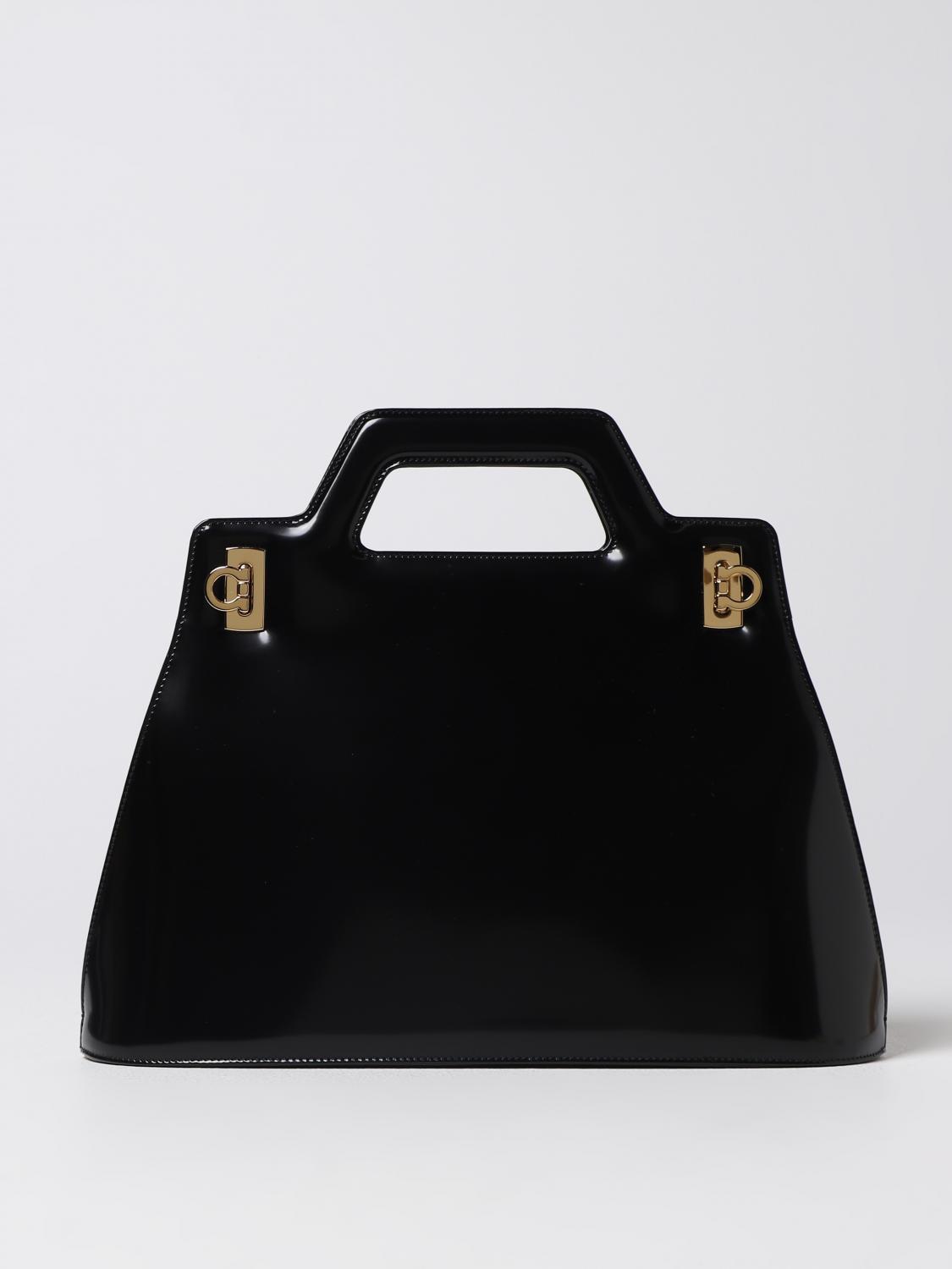 Ferragamo Wanda Small Embellished Glossed-leather Tote In Black | ModeSens