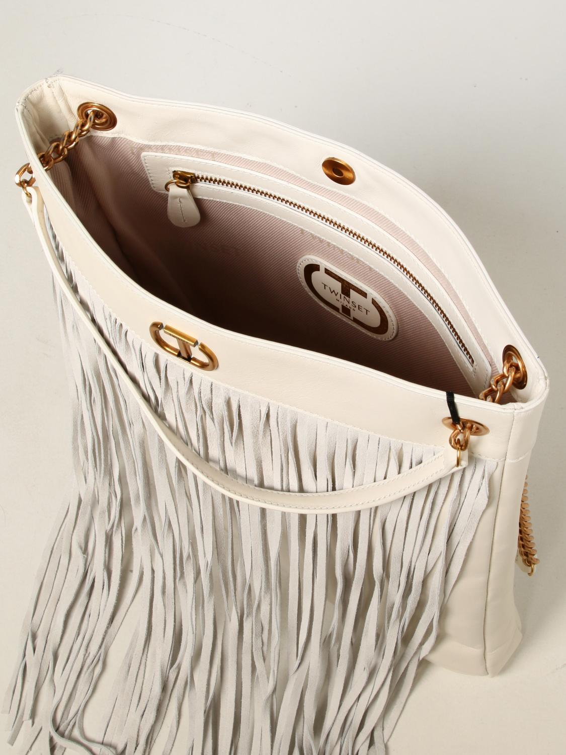 TWINSET: Twin-set bag in leather with fringes - White | Twinset ...