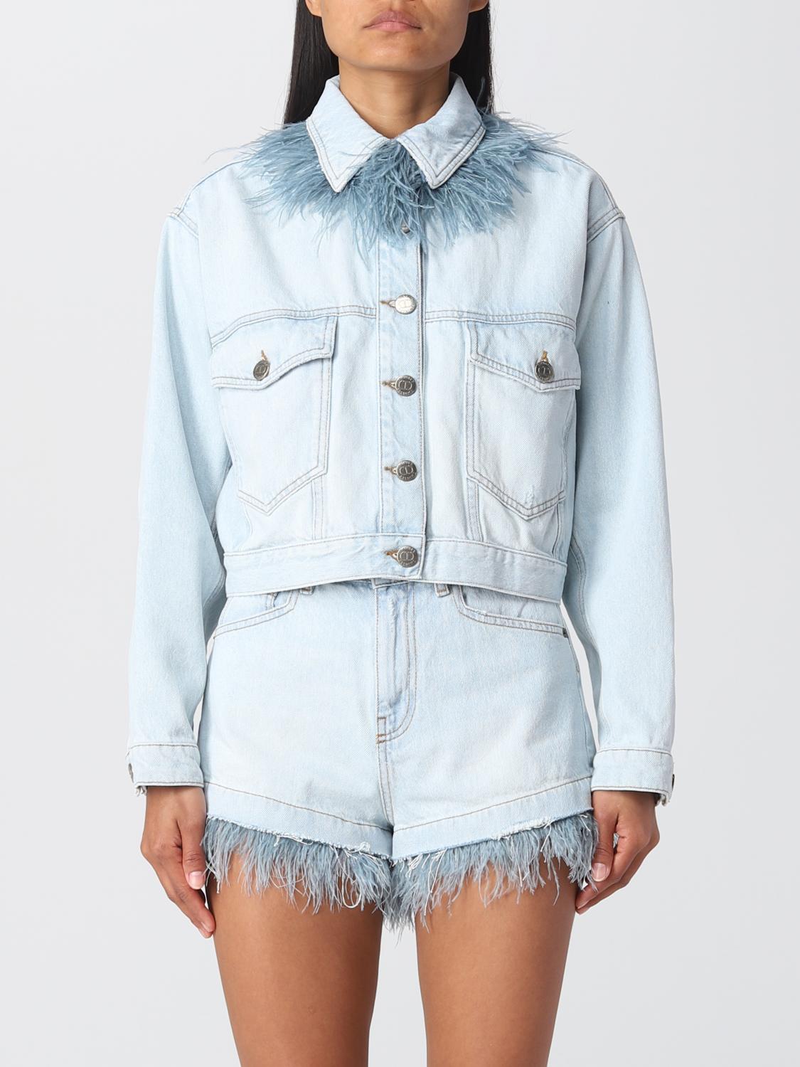 Twinset Denim Jacket With Feather In Light Blue | ModeSens